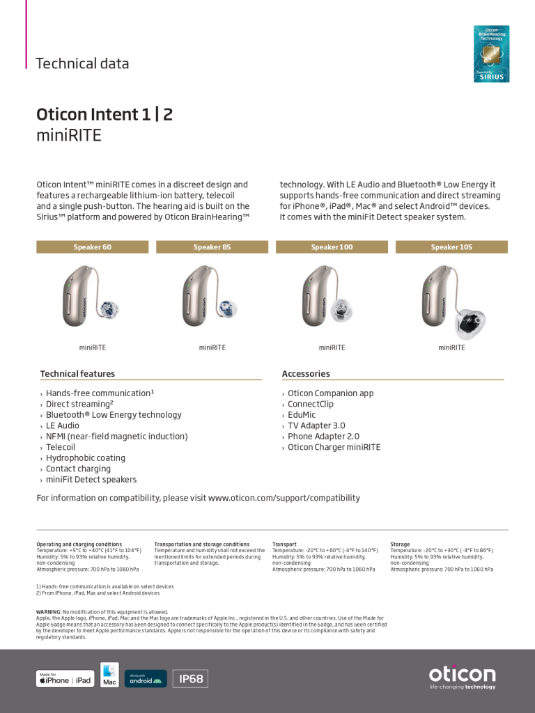 Oticon Intent 1 mini RITE Power 64 channel (Single Ear) Rechargeable Hearing Aid Price in Bangladesh